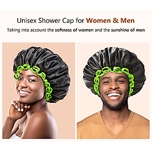 mikimini Extra Large Black Shower Cap for Women and Men Thick Long Hair Braids, Reusable Waterproof Double Layers XL Bathing Hair Caps with Vibrant Green Edge (Black)