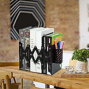 Adjustable Bookends, Metal Book Organizer for Desk, Large Book End Holders for Kids, Shelves, Office, Heavy Books, Classroom, Desktop, Papers, Extends up to 20 Inches (Piano Black)