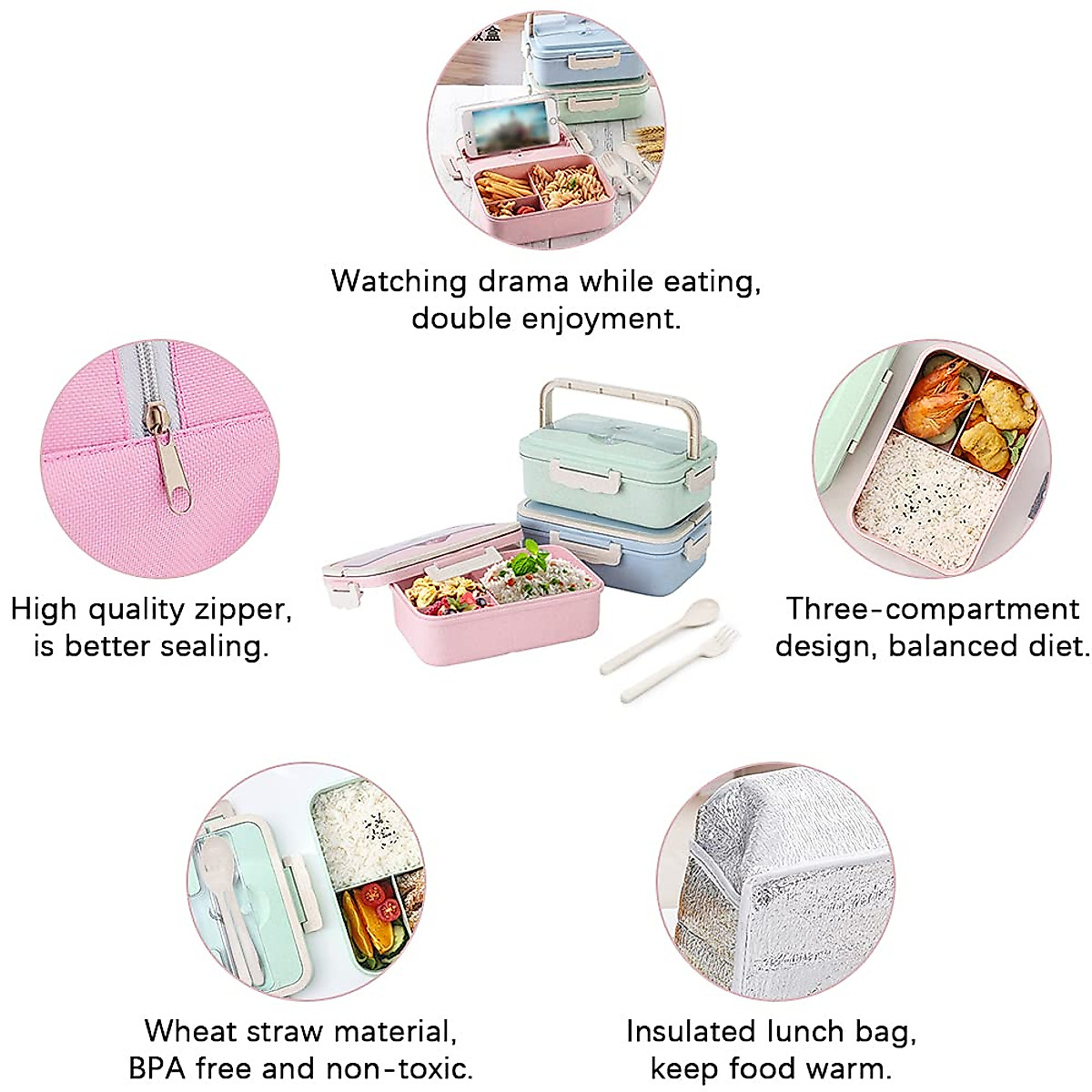 SITAKE Reusable Lunch Box, 33.8 oz Large Capacity Bento Box, Portable Salad Bowl With Utensils, Lunch Bag, Microwave Leakproof Lunch Containers for Adults (Blue)