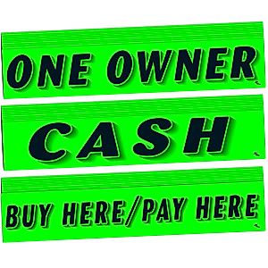 Versa Tags Windshield Slogan Stickers 12 Pack of ONE Owner Stickers 12 Pack of Cash Slogans 12 Pack of Buy HERE Pay HERE Window Stickers (36) Dealership Stickers Black On Green