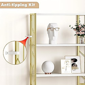 GAOMON 6 Tier Bookshelf Gold Bookcase Tall Standing Bookshelves Modern Storage Rack Shelf Large Unique Display Racks Metal Book Shelf for Bedroom, Living Room, Home Office