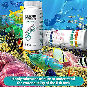 BOSIKE 6 in 1 Aquarium Test Strips Kit - 125 Fresh Water Fish Tank Tester Strips for Total Hardness, Nitrate, Nitrite, Cl2, Carbonate & ph Testing