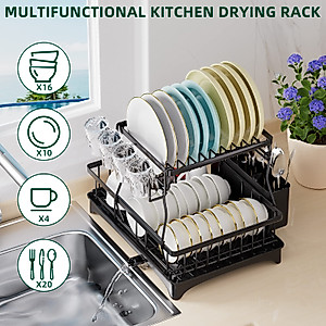 Enutogo Dish Drying Rack, 2-Tier Kitchen Dish Racks with Drainboard, Dish Drainer Set for Kitchen Counter with Utensil Holder, Large Dish Rack Organizer Set for Plates Drying, Stainless Steel
