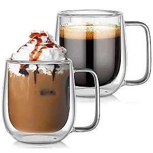 MJZQCD Glass Espresso Cup 12 oz, Double Wall Glasses Insulated coffee Mugs,With Handle & Suspended Base Design,Clear glass tea cups,Perfect for Cappuccino,Latte,Hot Beverage (Set of 2 * 12 oz)