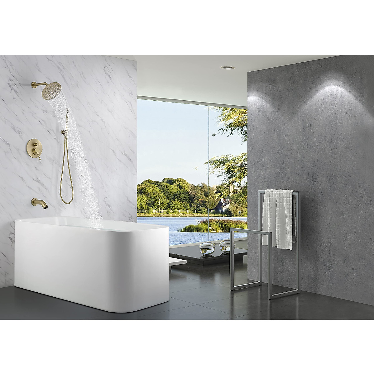 SUMERAIN Shower System with Tub Spout and Handheld Shower, Brass Rain Shower Tub Set with 8 Inches Shower Head and Rough in Valve Brushed Gold