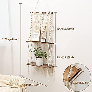 2 Tier Macrame Boho Wall Hanging Shelf, Handmade Bohemian Wooden Woven Plants Floating Shelves Decor, Decorative Chic Rope Crystal Holder Organizer for Bathroom Bedroom Kitchen Home Nursery Storage
