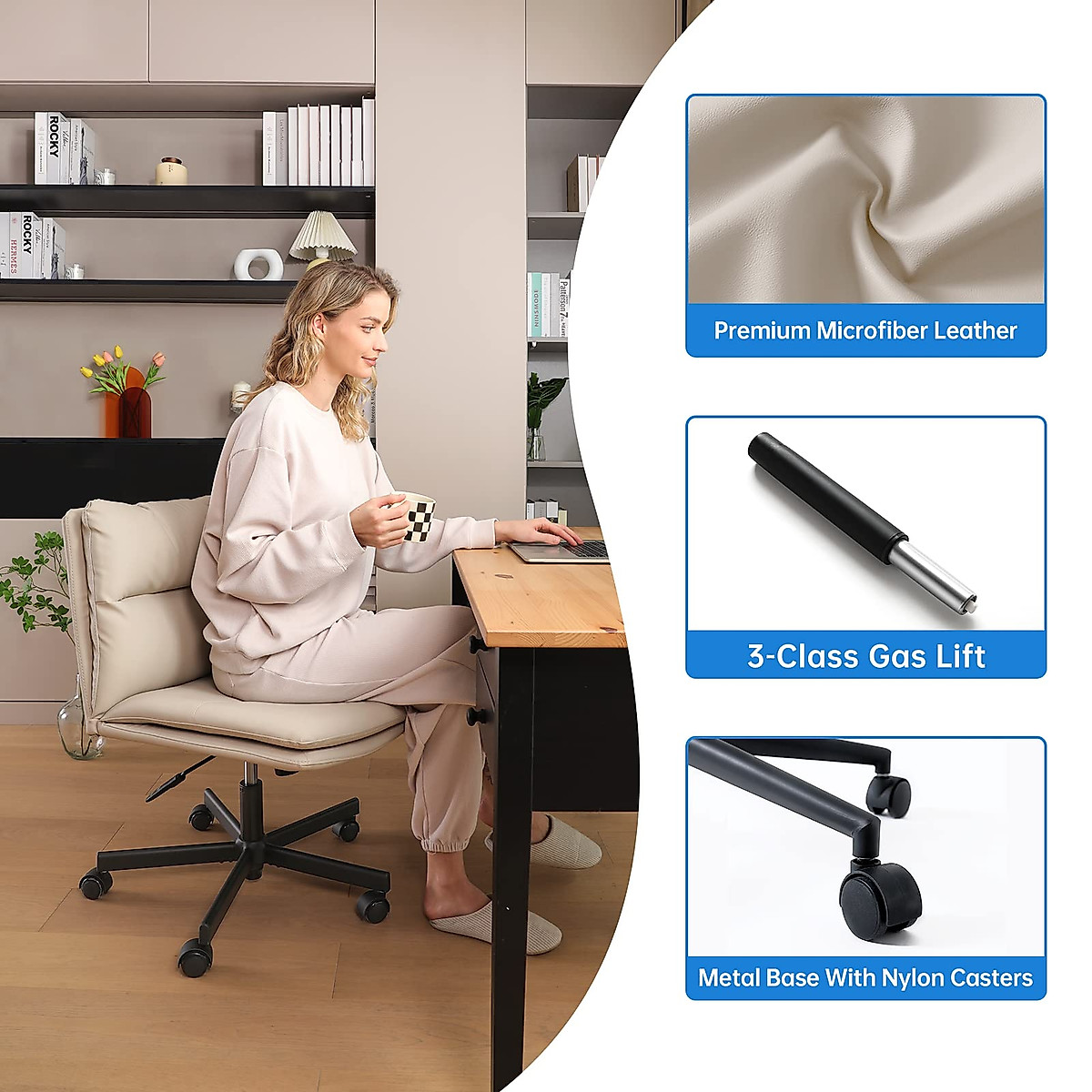 EMIAH Armless Office Desks Chair with Wheels PU-Padded Vanity Chair Mid-Back Ergonomic Home Office Computer Chair Comfortable Adjustable Swivel Task Chair with Thickened Cushion