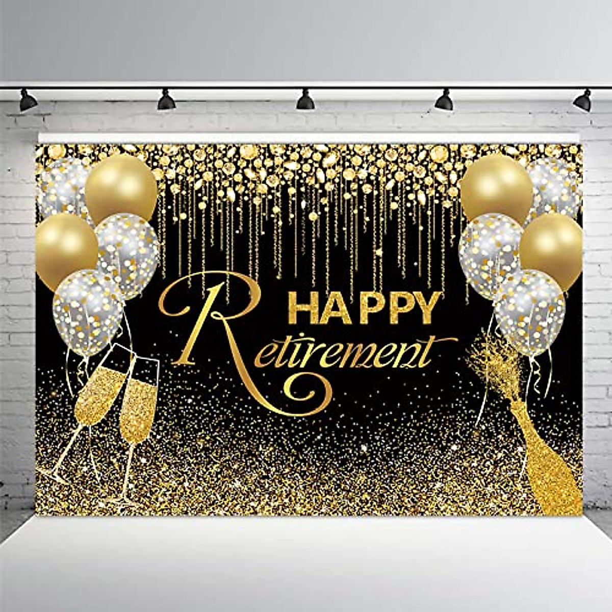 MEHOFOND Happy Retirement Backdrop Black and Gold Glitter Diamond Balloon Photography Background Black Gold Shinning Sparkle Congrats Retirement Party Decorations Banner Photo Studio Props 7x5ft