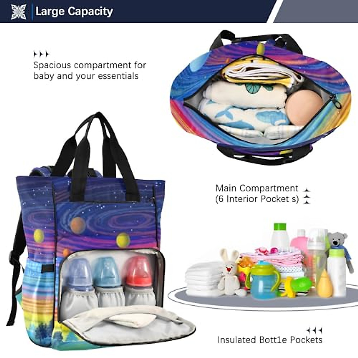 xigua Colorful Universe Diaper Bag Backpack Multi Function Baby Changing Bags Waterproof Large Capacity Travel Back Pack for Mom Dad