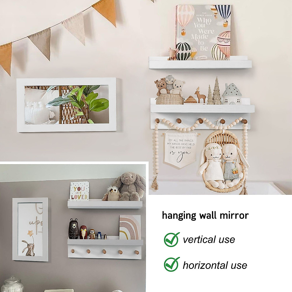 COMAX Nursery Floating Book Shelves with Wall Mirror, Wall Bookshelf for Kids Room Bedroom, Hanging Nursery Book Shelves Wall Mounted Bookshelves, Hanging Baby Book Shelf Nursery Shelves White