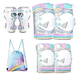 SULIFEEL Rainbow Roller Skates for Kids Size J13 with Adjustable Protective Gear Set Shiny Small