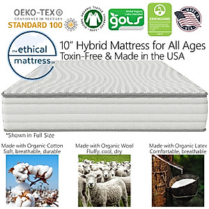Ethical Mattress CO 10" Toxin-Free Hybrid Mattress, Made in USA with Organic Cotton, Wool, Latex & Pocketed Coils (Mattress-in-a-Box) Comfortable & Supportive for All Ages - Full Size