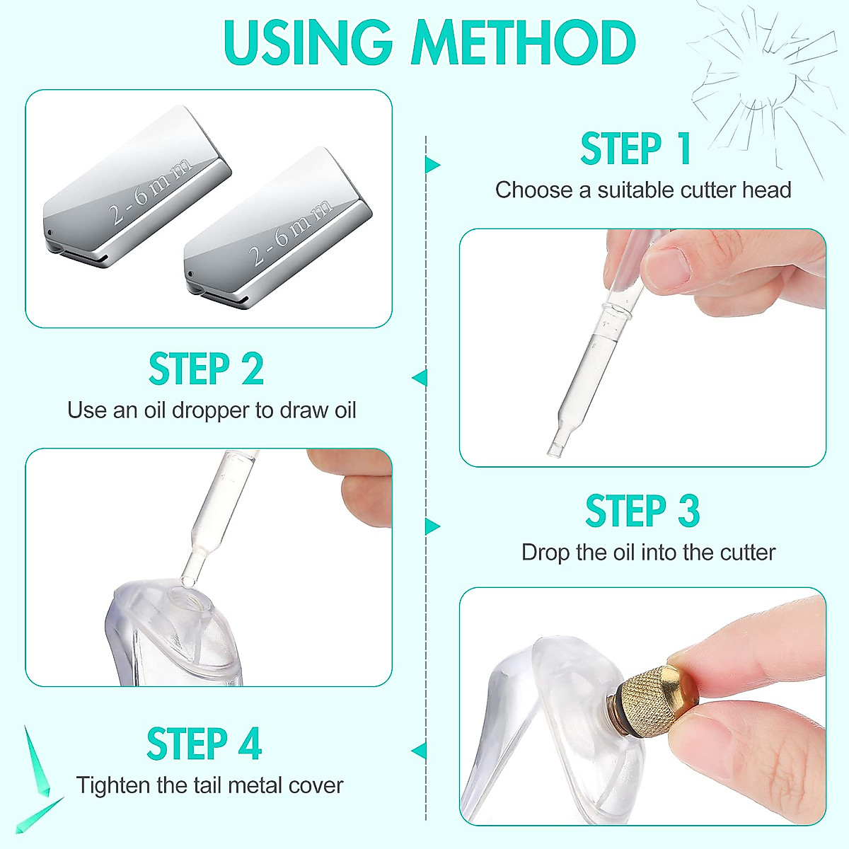 6 Pieces Pistol Grip Oil Feed Glass Cutter Stained Glass Supplies Cutters Tools and 2-6 mm Replaceable Cutting Heads and Cutting Oil Reservoir for Glass Window Panes Mirrors Scoring Glass Bottles