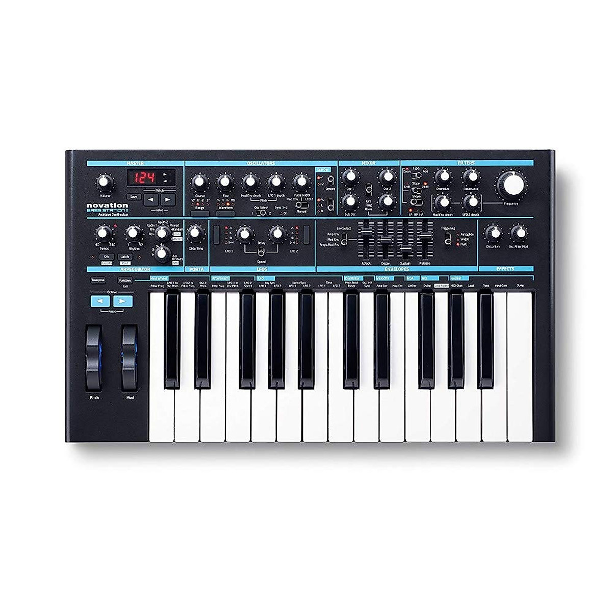 Novation Bass Station II Analog Monosynth – includes 64 factory patches, pattern-based step sequencer and arpeggiator, two oscillators plus an additional sub oscillator.