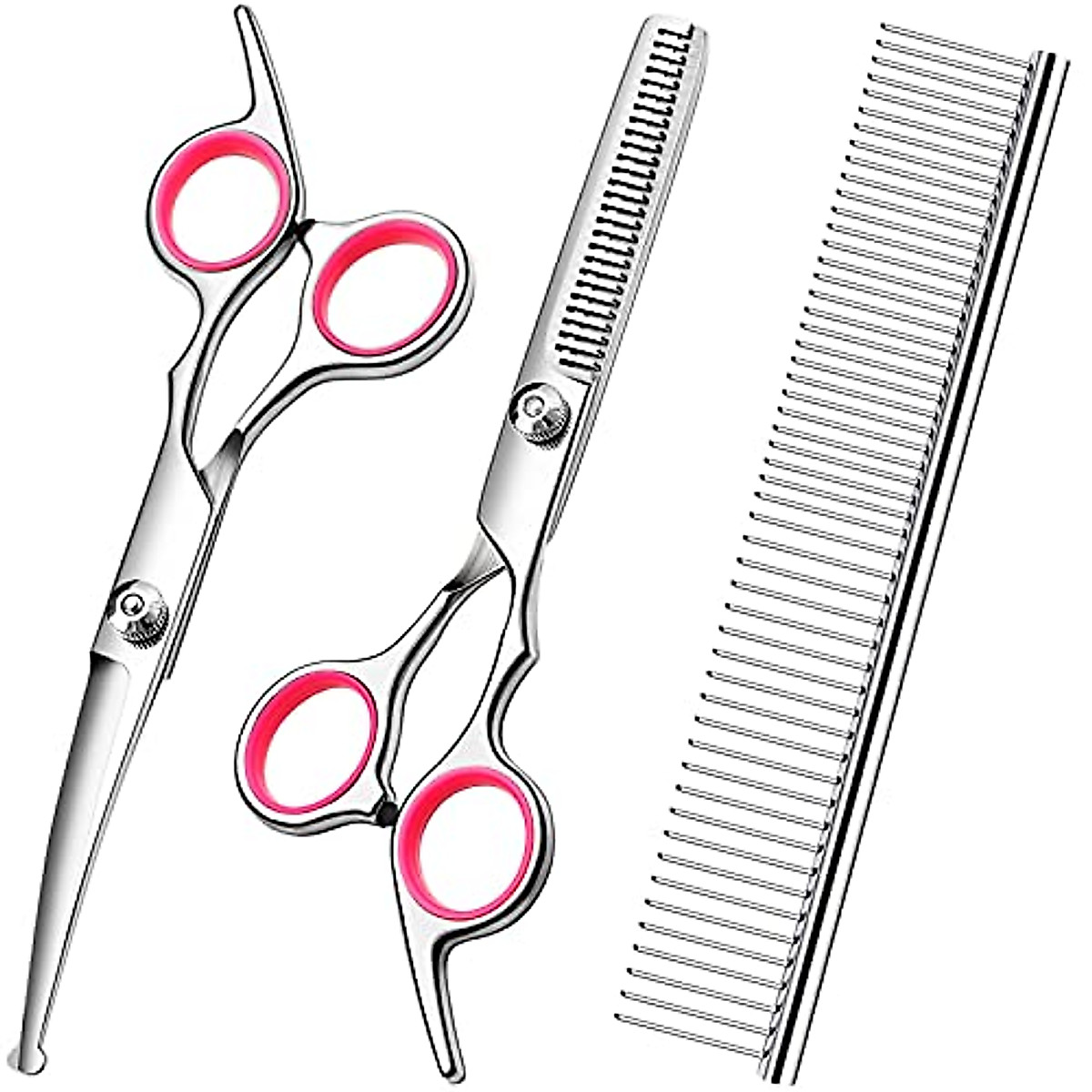 FAIGEO Dog Grooming Scissors Kit with Safety Round Tips Stainless Steel Professional Dog Grooming Shears Set - Thinning, Curved Scissors and Comb for Dog Cat Pet