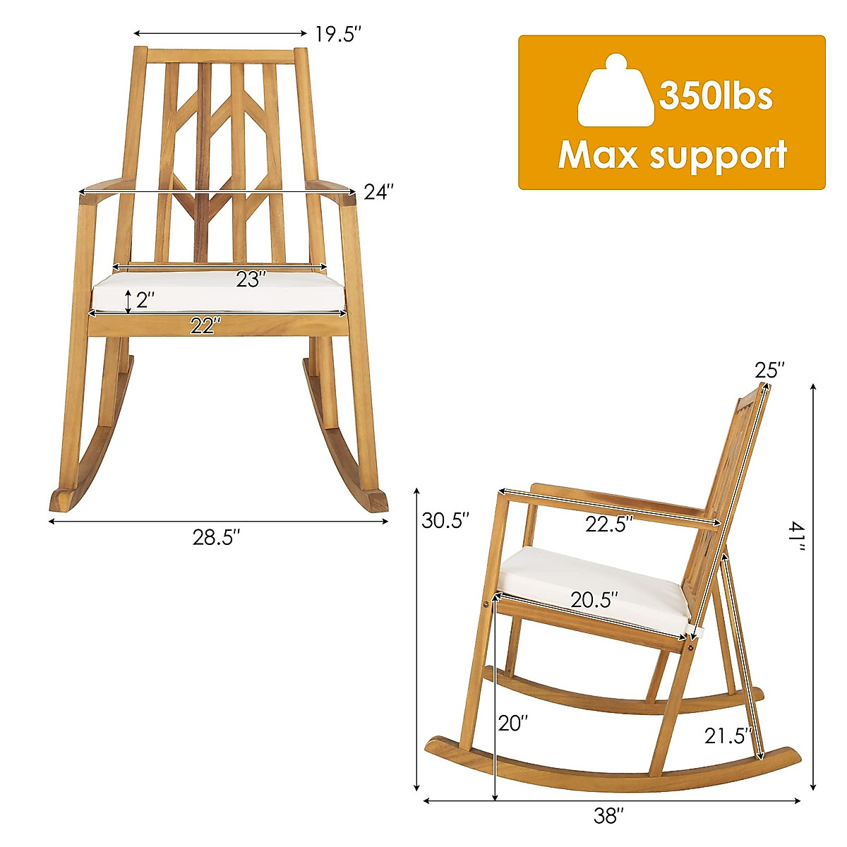 RELAX4LIFE Wooden Rocking Chair Outdoor - Oversized Patio Rocker w/High Backrest, Long Armrest, Removable Soft Cushion, Porch Rocking Chair for Backyard, Garden, Patio Rocking Chair (1, White)
