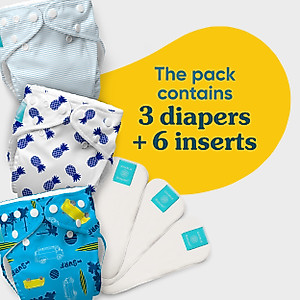Charlie Banana Baby Washable and Reusable Cloth Diapers, 3 Soft Pocket Diapers and 6 Absorbent Inserts, One-Size, Surf Rider