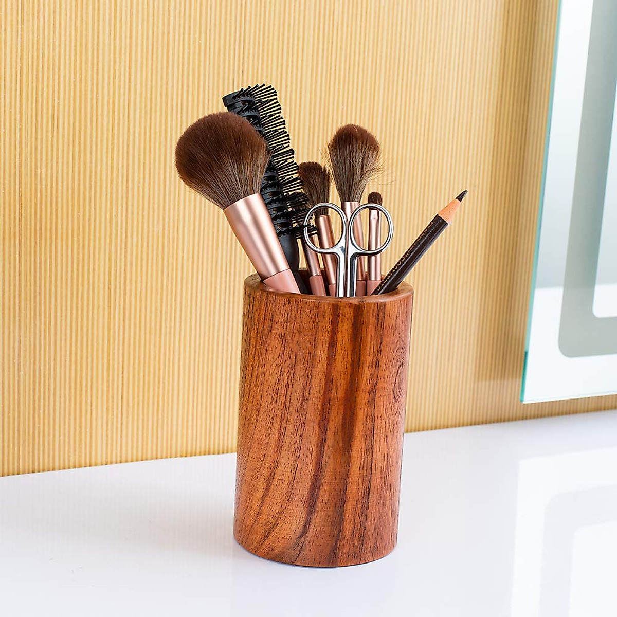 Wooden Kitchen Utensil Holder, 5.8 x 3.7 Inch, Natural Acacia Wood Cooking Utensil Holder for Countertop, Utensil Crock Organizer for Spoons Spatula Spurtles Skimmer Cooking Tools Straws