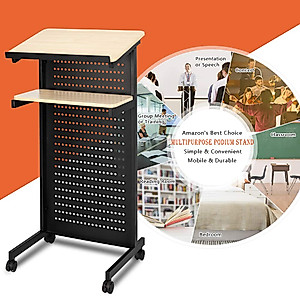 Bonnlo Mobile Wheeled Lectern Standing Podium, Portable Lecture Speech Teach Platform for Classroom Church or Ceremony, Multi-Function Reading or Laptop Desk, Table w/Tilted Top Board & Edge Stopper