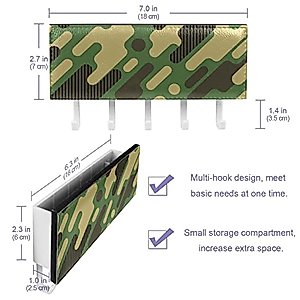 Camouflage Mail Holder Organizer and Key Hooks PU Front, Self Adhesive Key Rack with 5 Hooks Perfect for Entryway, Hallway，Bathroom ，Kitchen