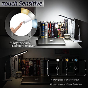 AnSun Rechargeable LED Desk Lamp Clip on Table Light with Battery Powered (2000mAh) 3 Color, Stepless Dimmable Touch Control 360° Flexible Reading Clamp Lamp for Study Bedroom Office (White)