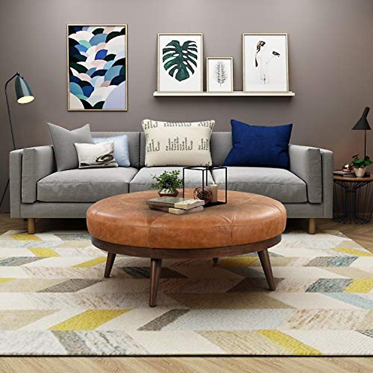 POLY & BARK Gio Modern Leather Ottoman Pouf (Cognac Tan)