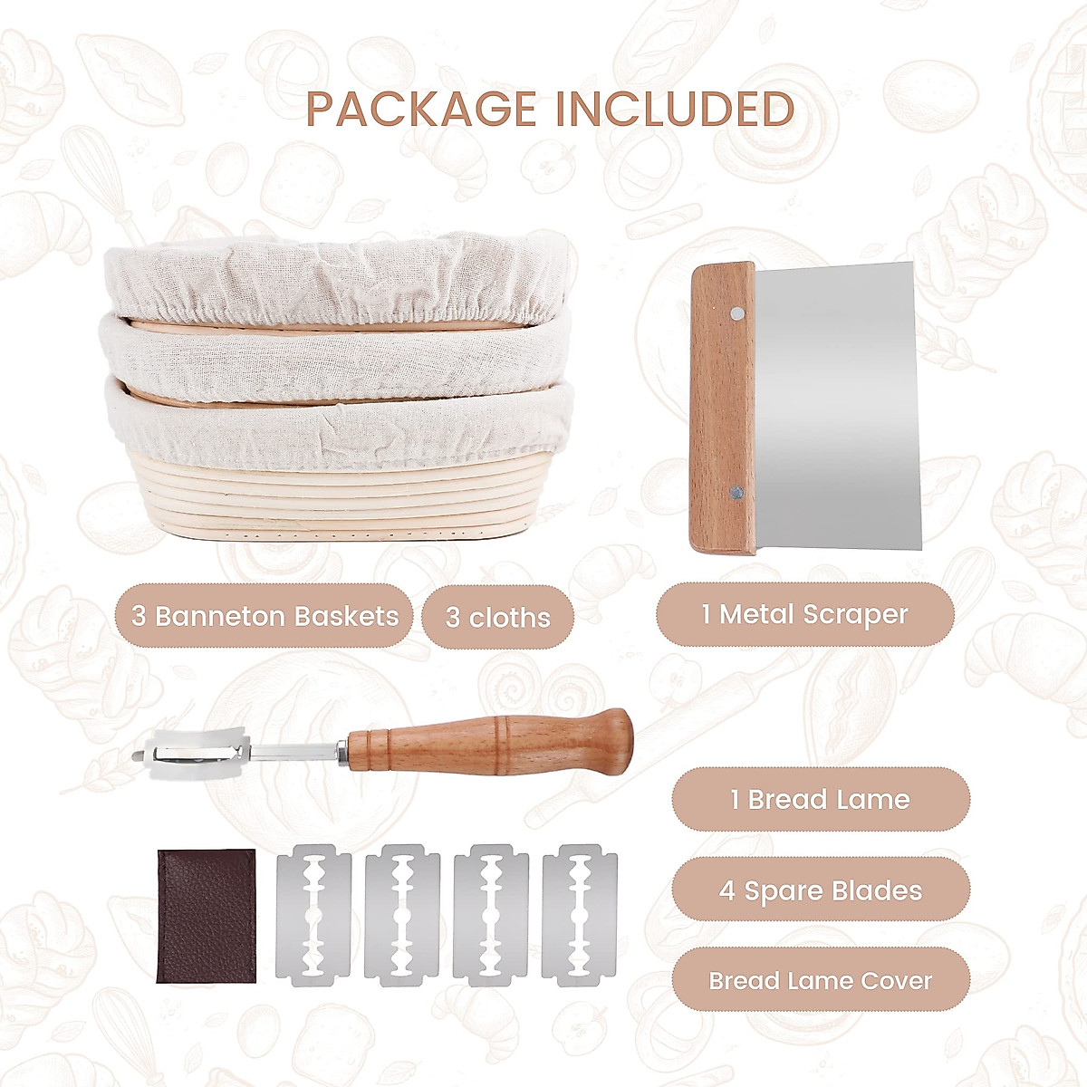 Komiikka Banneton Bread Proofing Baskets Set of 2, 10 inch Oval Proofing Baskets for Sourdough Bread Baking with Liner Scoring Lame Metal Scraper, Gifts for Bakers