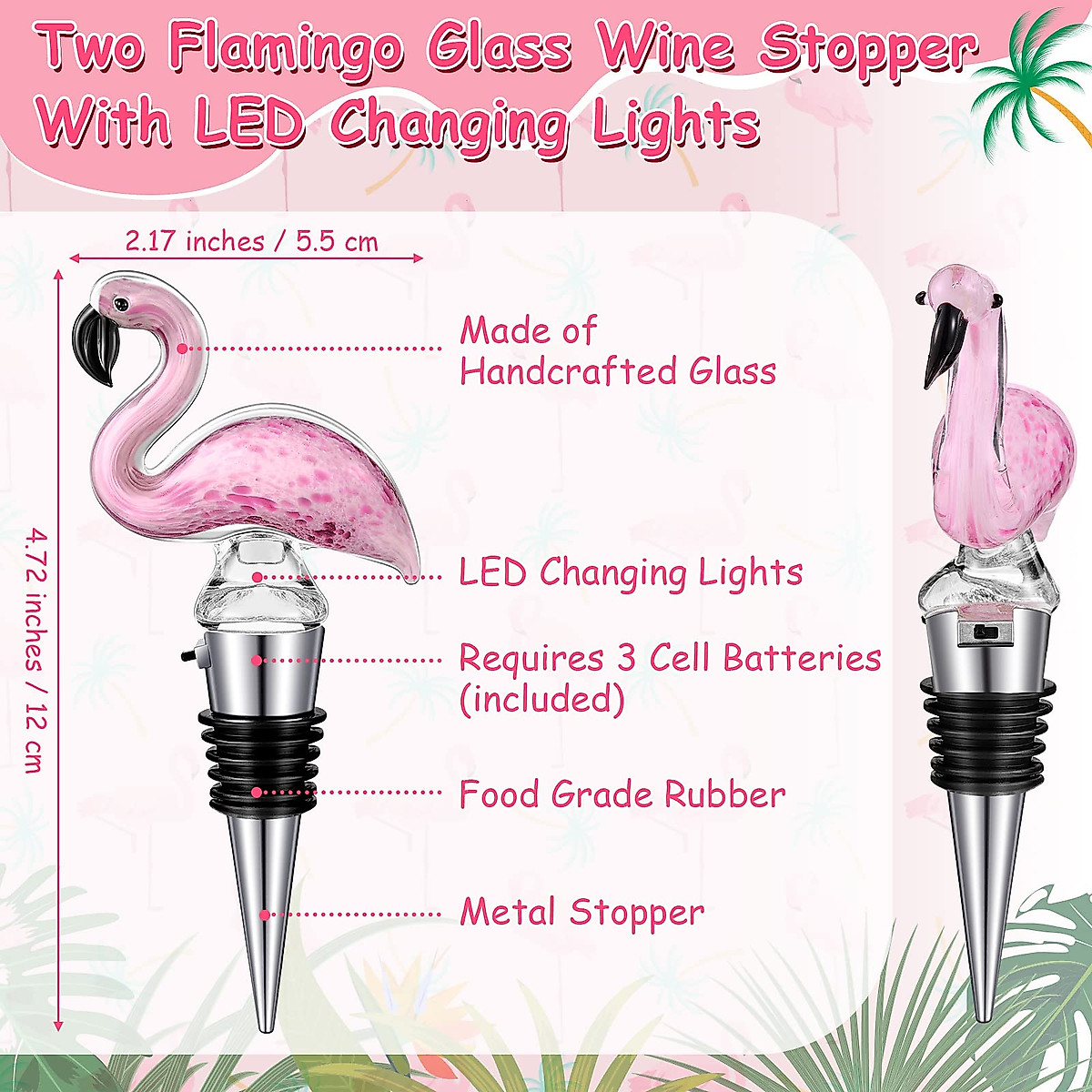 2 Pcs Glass Flamingo Wine Bottle Stopper Flamingo Wine Stopper with LED Changing Lights Cute Animal Wine Stopper Flamingo Gifts for Women Men Wine Accessories