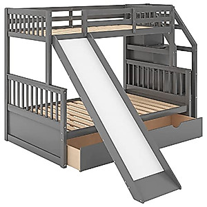 ERDAYE Multifunction Stairway Twin Over Full Bunk Bed Frame with Drawers and Slide for Children, Teens, Adults, Boys & Girls Bedroom Wood Bedframe w/Storage Staircase, No Box Spring Needed, Gray