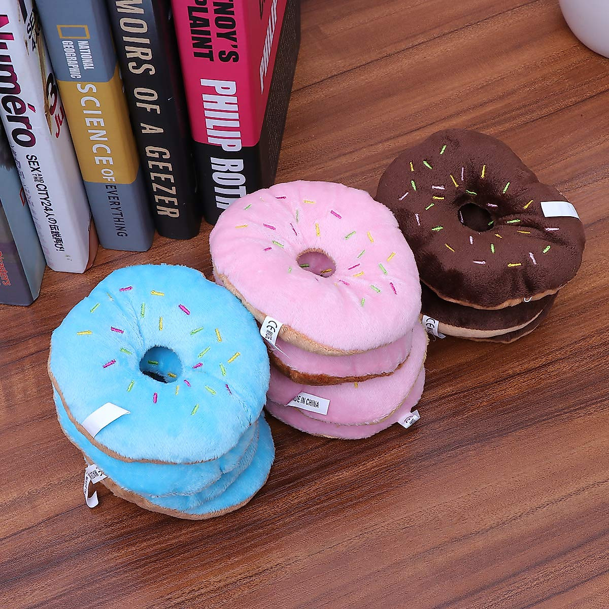 Toyvian 6pcs Dog Chew Toy Soft Plush Donut Shaped Squeaky Squeaking Sound Toy Plush Pet Puppy Toys Soft Pets Bite Chewing Puppy Dog Toy (Coffee + Strawberry + Blue Each 2pcs)