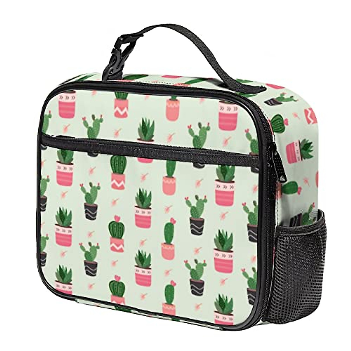 Insulated Lunch Bag for Kids, Leakproof Reusable Boys Girls Lunch Box Container with Detachable Buckled Handle, Durable Nylon Cooler Lunch Tote with Side Pocket for Work School Adult (Green Cactus)
