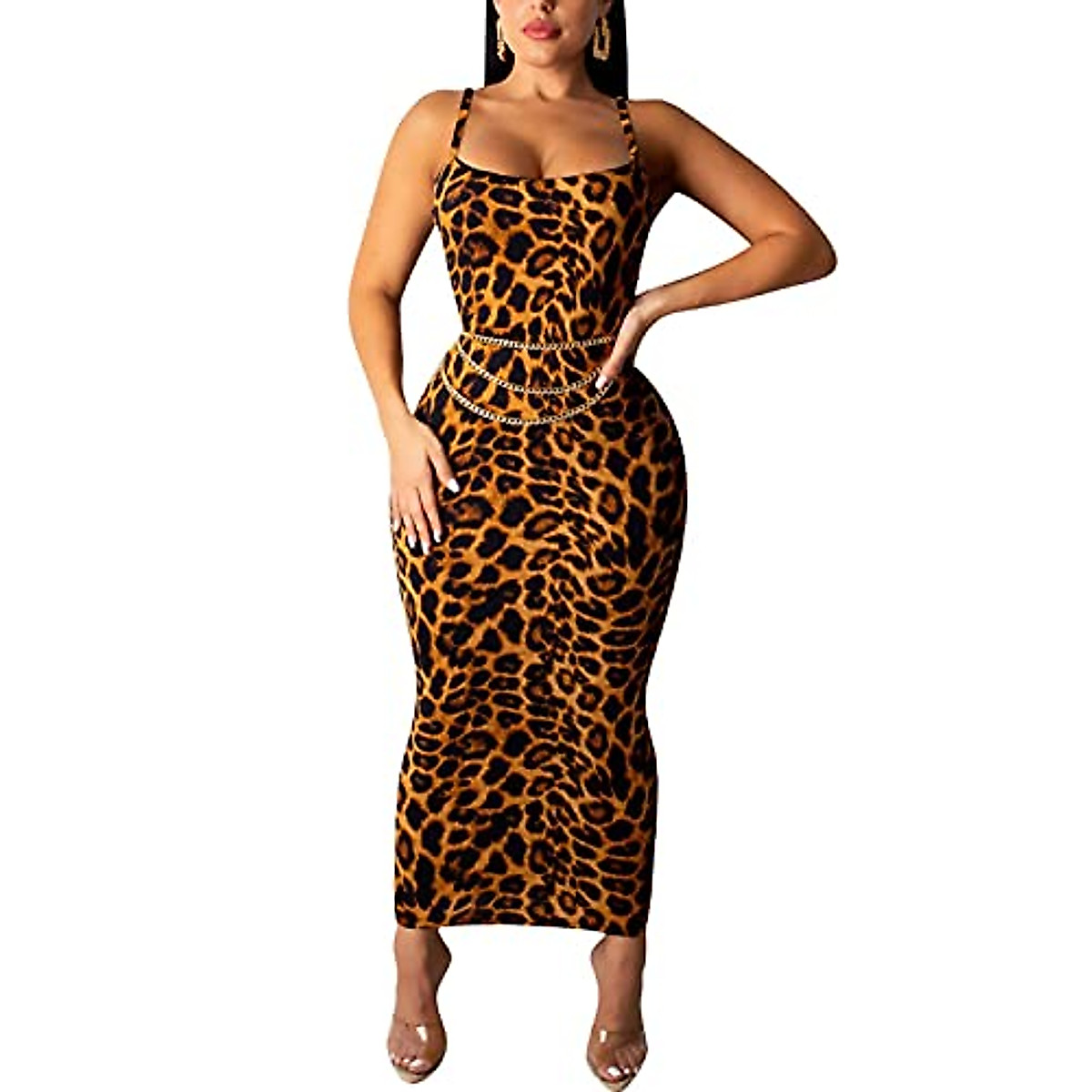 Rela Bota Women's Sexy Spaghetti Strap Sleevless Bodycon Midi Club Cocktail Dress Leopard Print XXL