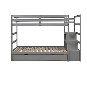 Polibi Stairway Twin Over Twin/King Bunk Bed with Size Trundle, Drawers and Guardrail, 3-in-1 Wood Trundle for Boys Girls, Grey