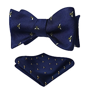 HISDERN Men's Bee Pattern Self Bow Tie And Pocket Square Set Wedding Party Accessories,Navy Blue & Yellow,One Size