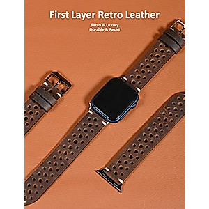 Crodi Compatible with Apple Watch Band Leather 45mm 44mm 42mm Men Retro Band Vintage Genuine Leather Rally Sports Strap for iWatch Bands Series 9 8 7 6 5 4 3 2 1 SE, Retro Walnut/Silver