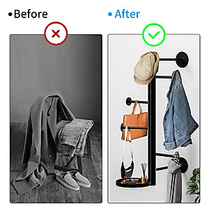 RCHYFEED Coat Rack Wall Mount, Vertical Coat Tree for Wall 16.9 Inch, Metal Modern Wall Hat Rack for Jackets, Bags, Hats, Swivel Coat Hanger with 6 Branches Key Tray for Entryway Living Room