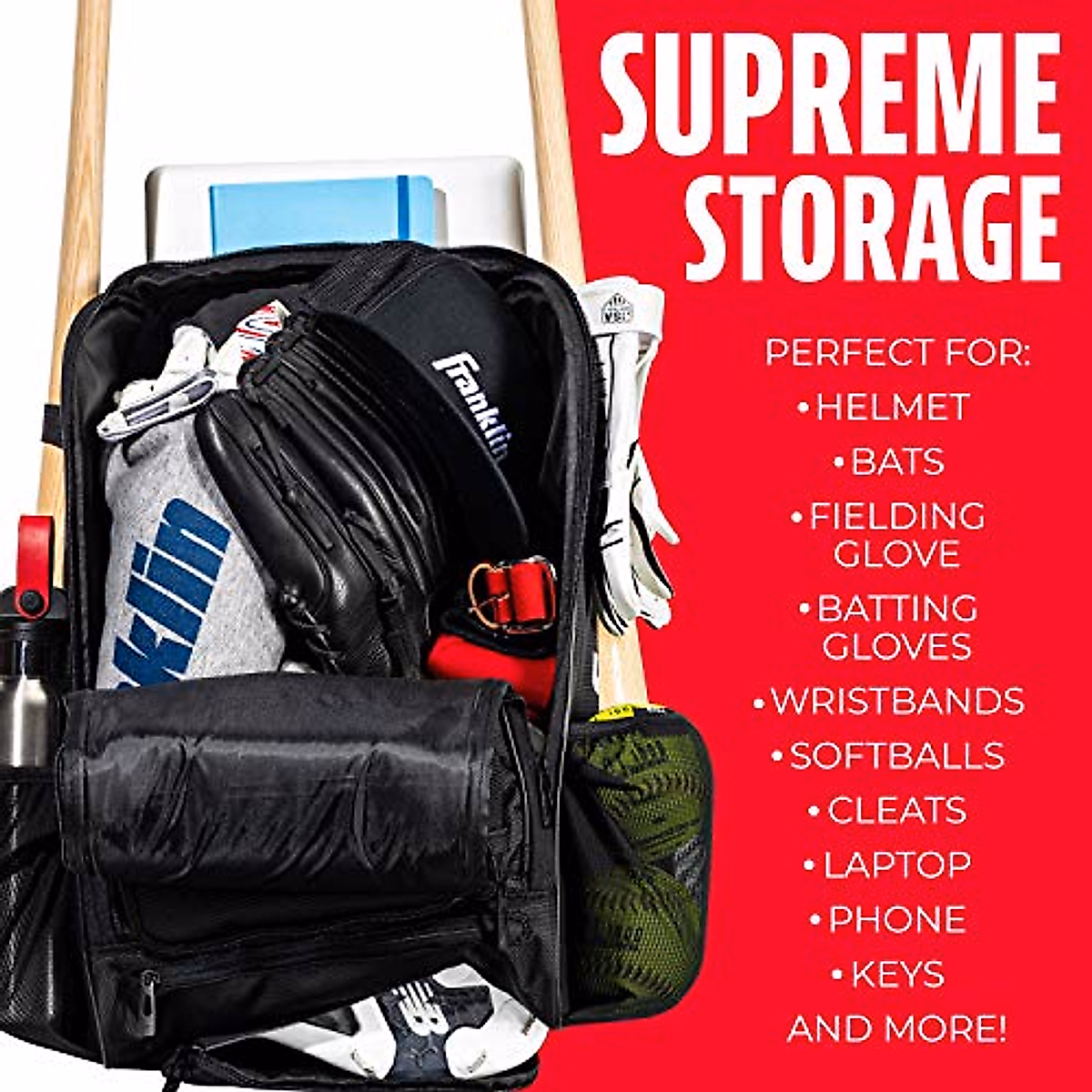 Franklin Sports Fastpitch Softball Bat Bag - USA Traveler Elite Bat Backpack - Girls + Women's Equipment Batpack - Fits Helmets, Cleats + (2) Bats - Black