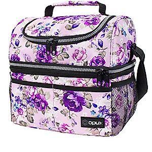 opux Lunch Box For Women, Insulated Large Lunch Bag Adult Work, Double Decker Lunchbox Meal Prep, Dual Compartment Leakproof Lunch Cooler, Soft Lunch Pail Tote for Girls Kids School, Floral Purple