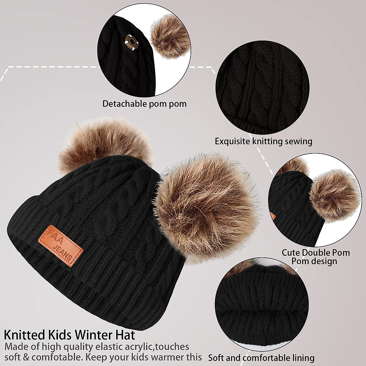 Kids Winter Beanie Hat Scarf Gloves Set, Toddlers Knit Winter Warm Double Pompom Cap Scarf Gloves for 1-5 Years Old (Black)