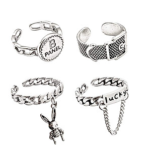 Adjustable Belt Buckle Rabbit Engraved Lucky B Chain Rings Set Silver For Women Goth Viking Kpop Punk Vintage Open Stackable Ring Set For Daughter Mom Jewelry