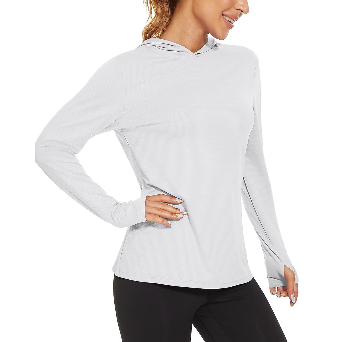 KEFITEVD Hiking Shirts Women Quick Dry Long Sleeve Workout Sun Shirt Women UPF 50+ UV Sun Protection Hoodie Summer Shirts White