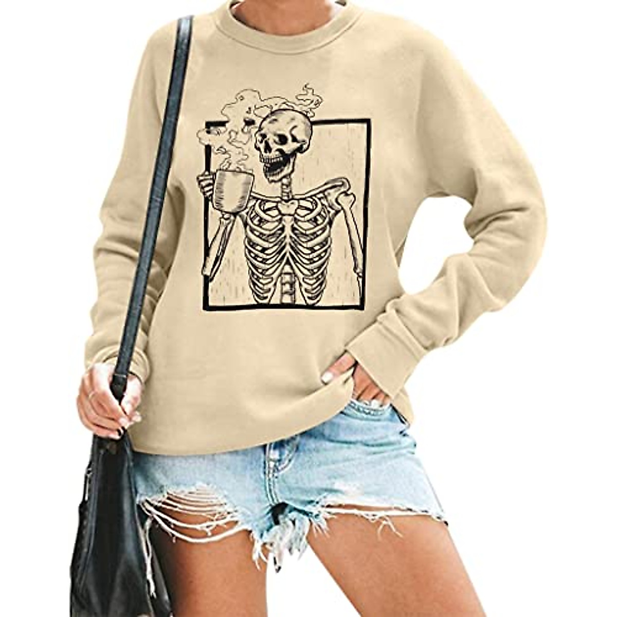 LUKYCILD Halloween Sweatshirts for Women Skeleton Coffee Sweatshirt Horror Skull shirts Fall Spooky Season Pullover Top