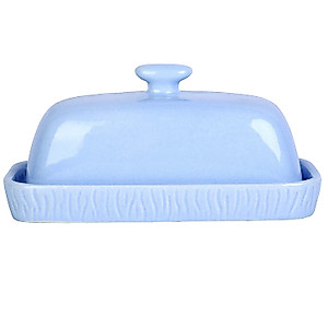 MyGift Sky Blue Ceramic Butter Dish with Lid, Butter Keeper Holder with Raised Sides and Etched Design, Rectangular East Coast Butter Stick Margarine Tray with Cover