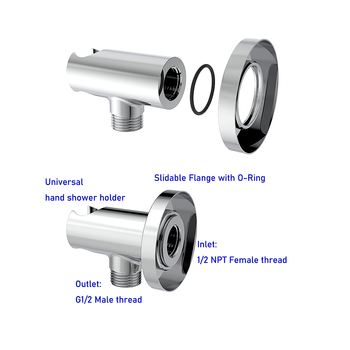 Aquaiaw Wall Supply Elbow with O-Ring Flange, Tapered 1/2 NPT Female Inlet, Solid Brass Wall Union W/Handshower Holder, Round Wall Supply Elbow W/Hand Shower bracket, Polished Chrome, G1/2 Outlet