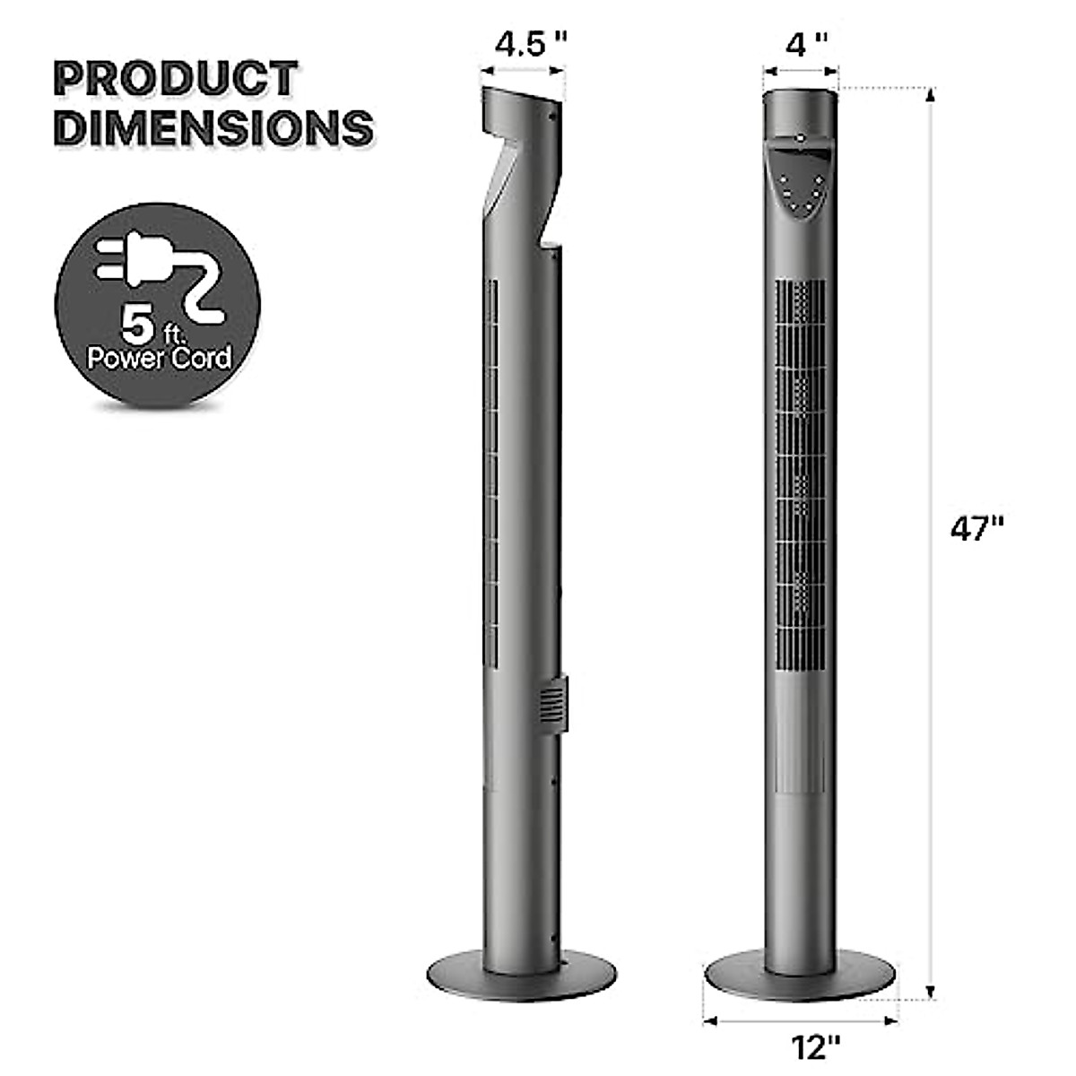 mollie Oscillating Quiet Tower Fan with Remote Control 3 Speeds 12H Timer Portable LED Display 47 Inch Electric Air Circulator Cooling Floor Standing Fan for Home Bedroom Office Living Room Gray