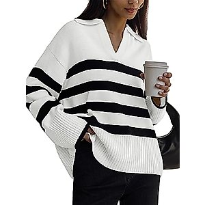 LILLUSORY Womens Striped Oversized V Neck Trendy Sweaters Long Sleeve Tops Fall Fashion Clothes Outfits 2025 White X-Large