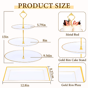 8PCS Cake Stand Set, Plastic Cupcake Stands with Gold Rim, 2PCS 3-Tired Cupcake Stands with 6PCS Serving Trays, Dessert Display Stands Set for Wedding Birthday Party Baby Shower,Tea Party Decorations