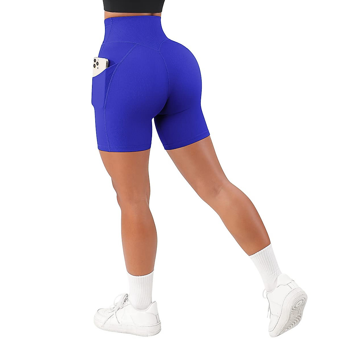 SUUKSESS Women Cross Waist Workout Shorts with Pockets Ribbed High Waisted Booty Biker Shorts (#1 Royal Blue, S)