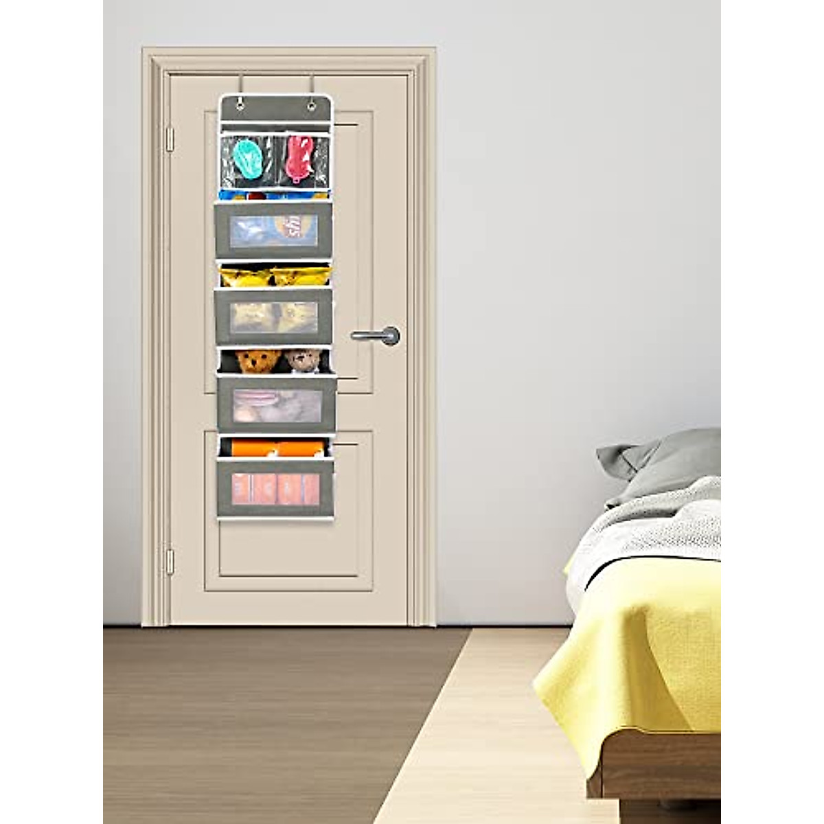 JARLINK 2 Pack 5-Shelf Over Door Hanging Organizer, Wall Mount Storage for Bedroom, Clear Window and PVC Pocket for Storage Cosmetics, Stationery, Sundries, etc (Grey)