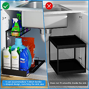 Under Sink Organizer, Painted Steel Under Cabinet Basket Organizer, Sliding Under Sink Storage with Handles, Black Bathroom Organizer Under Sink, Multi-purpose Cleaning Supplies Organizer for Kitchen